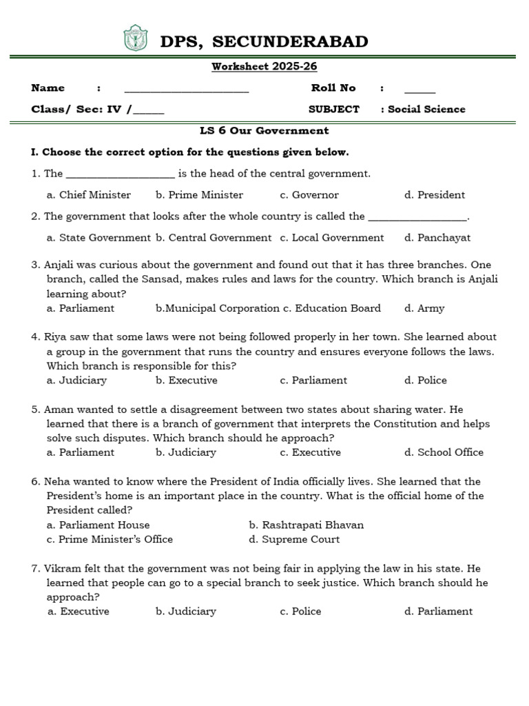 GR 4 Ls 6 Our Government WK 2025-26 | PDF | Public Law | Justice