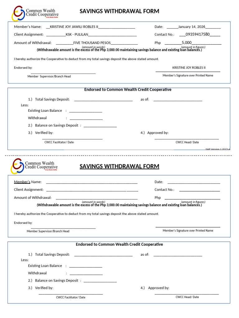 Savings Withdrawal Form | PDF | Personal Finance | Banking