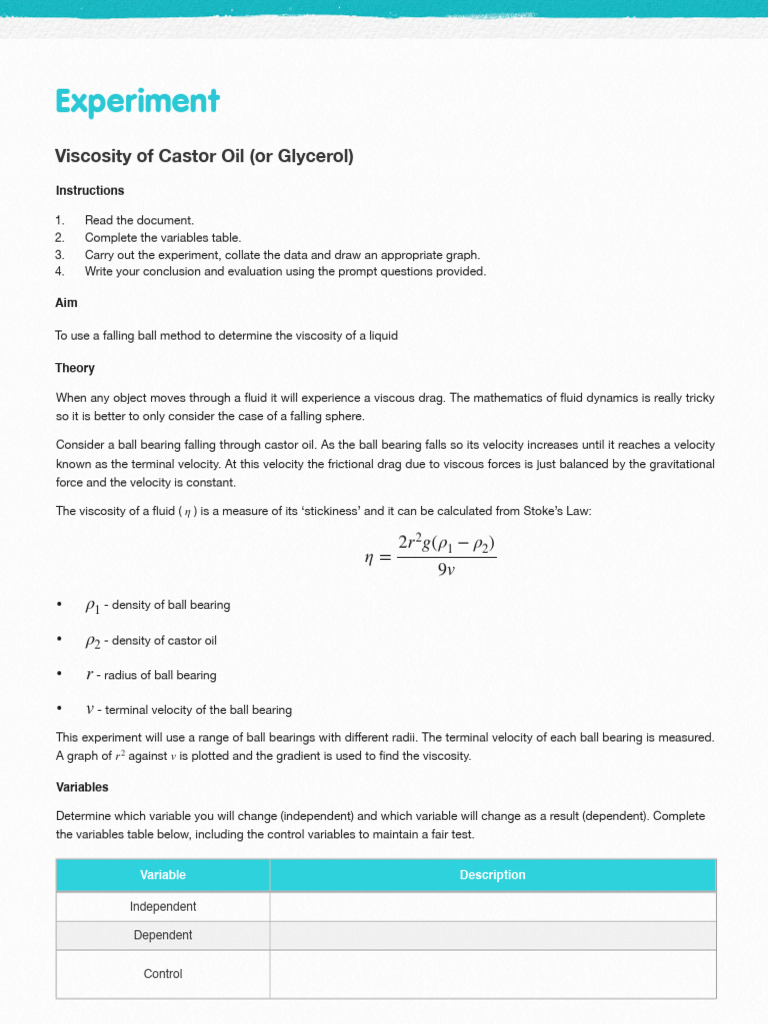 2.6 - Viscosity of Castor Oil - EXPERIMENT | PDF | Viscosity | Drag ...