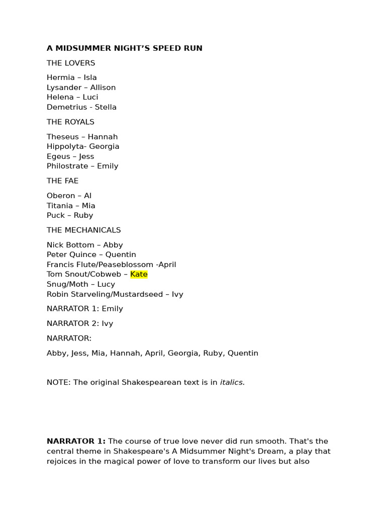 A MIDSUMMER NIGHTS SPEED RUN Ft. Cliff's Notes | PDF | A Midsummer ...