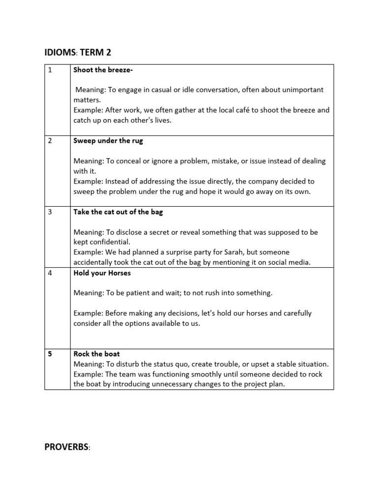 Idioms and Proverbs- Grade 8 - Term 2 (1) | PDF