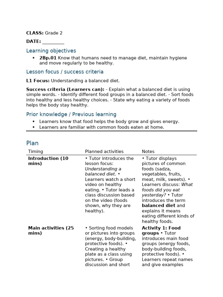 Grade 2 Science Lesson Plan - Balanced Diet | PDF | Healthy Diet | Diet ...