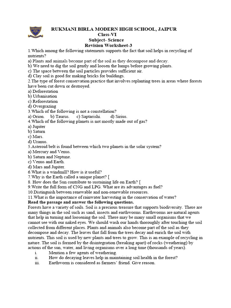 Class 6 Science Revision Worksheet-3 | PDF | Soil | Planets
