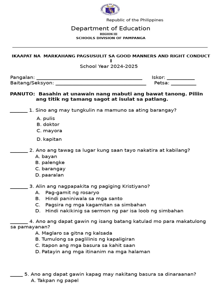 Ikaapat Na Markahan Pagsusulit GMRC 1 | PDF