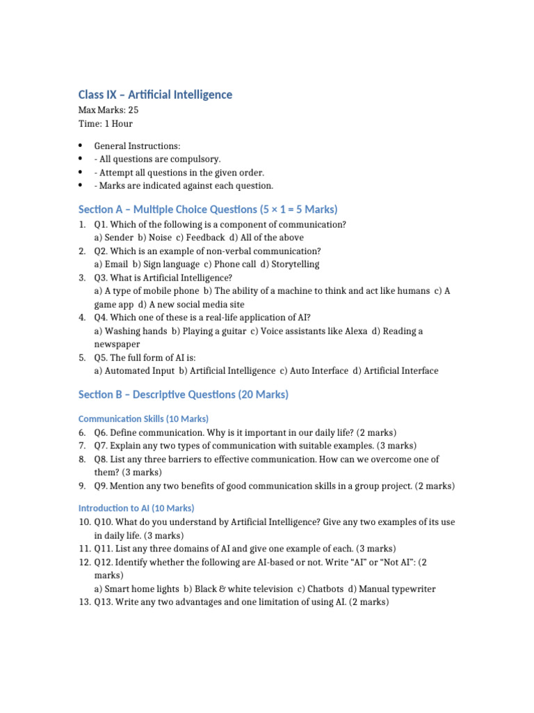 Class IX AI Question Paper | PDF