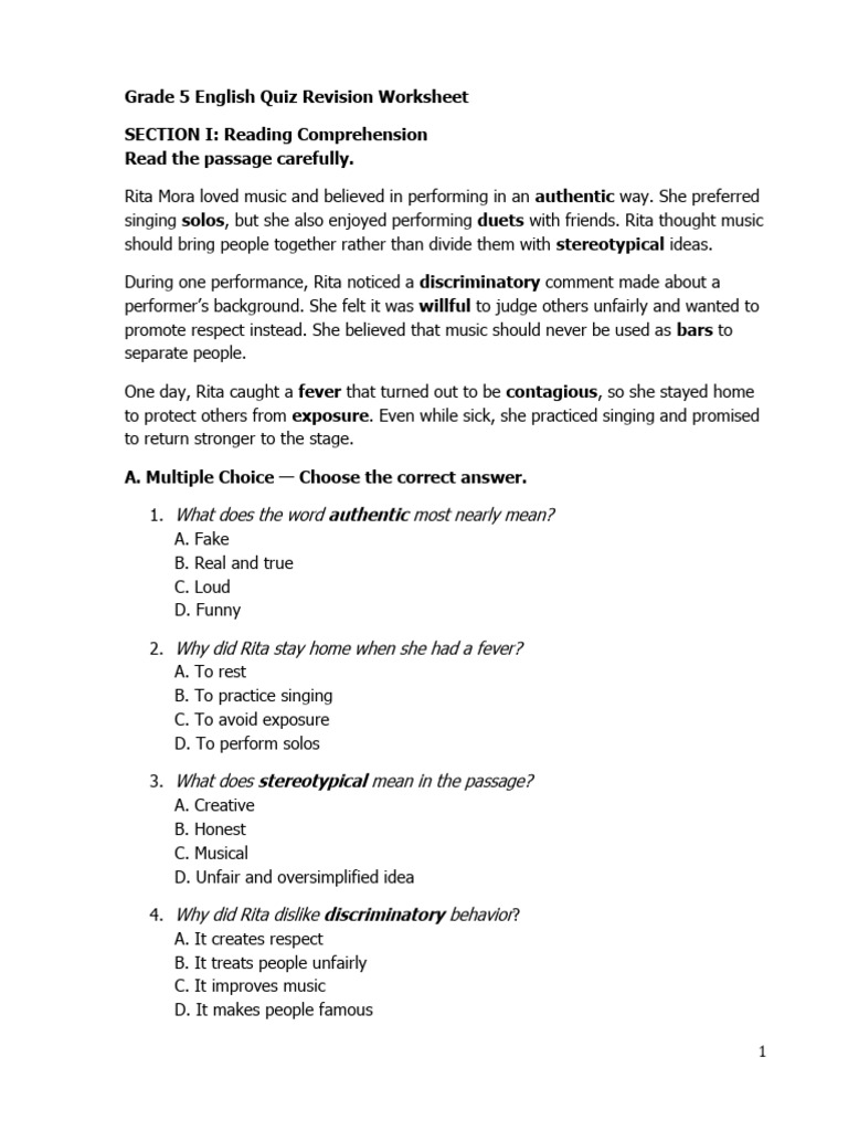 Grade 5 Quiz 1 Revision Worksheet | PDF | Adverb | Linguistics