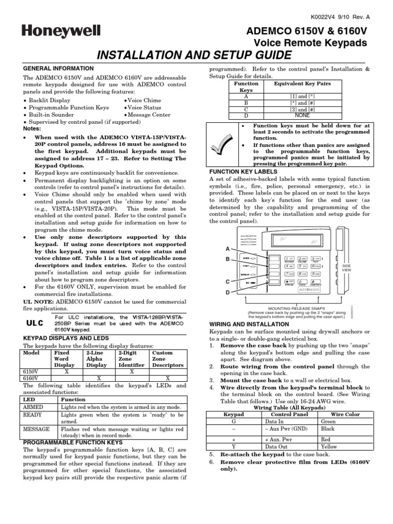 Honeywell 6150V Honeywell 6160V Install Guide | PDF | Security Alarm ...
