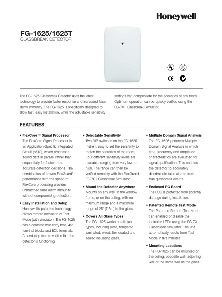 Honeywell FG1625 Data Sheet | PDF | Security Alarm | Electrical Engineering