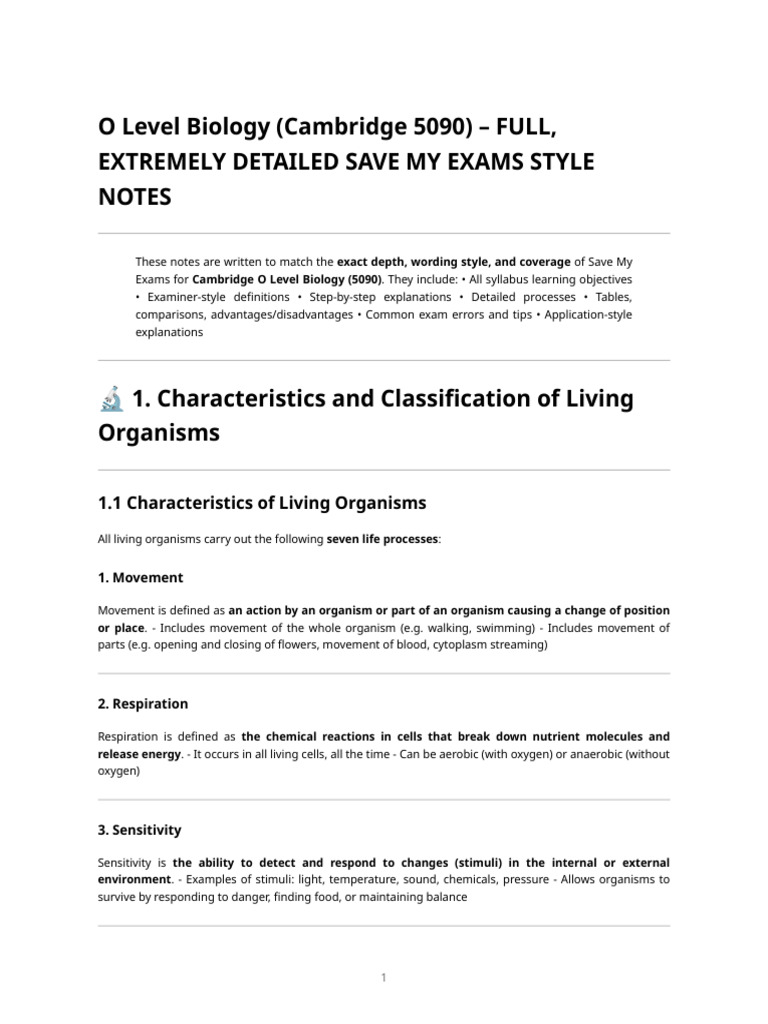 O Level Biology - Save My Exams Style Notes | PDF | Digestion | Cell ...