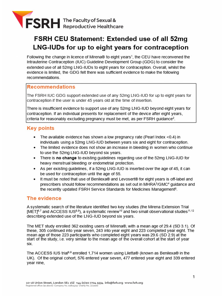 Fsrh Ceu Statement Extended Use of All 52mg Lng Iuds for Up to Eight ...