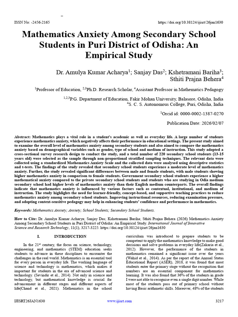 Mathematics Anxiety Among Secondary School Students in Puri District of ...
