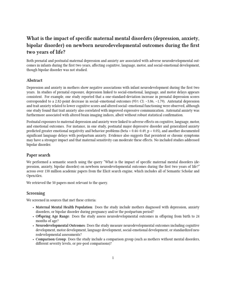 Elicit - Maternal Mental Disorders and Newborn Neurodevelop - Report ...
