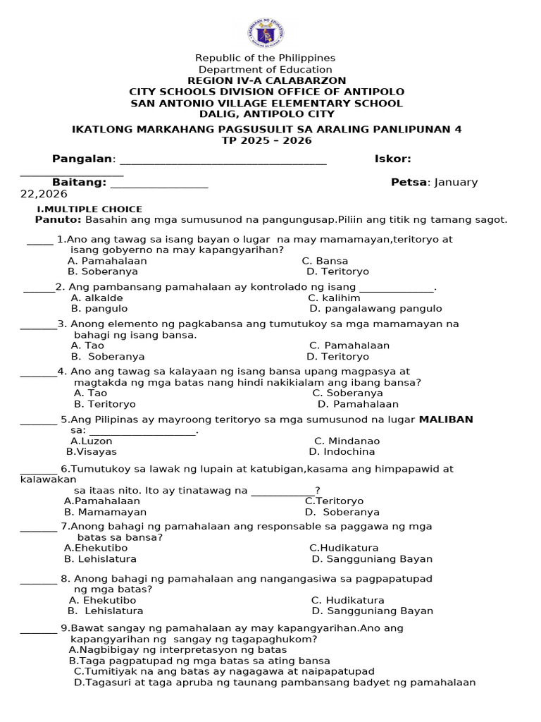 3rd Quarter Examination in AP 4 2026 | PDF