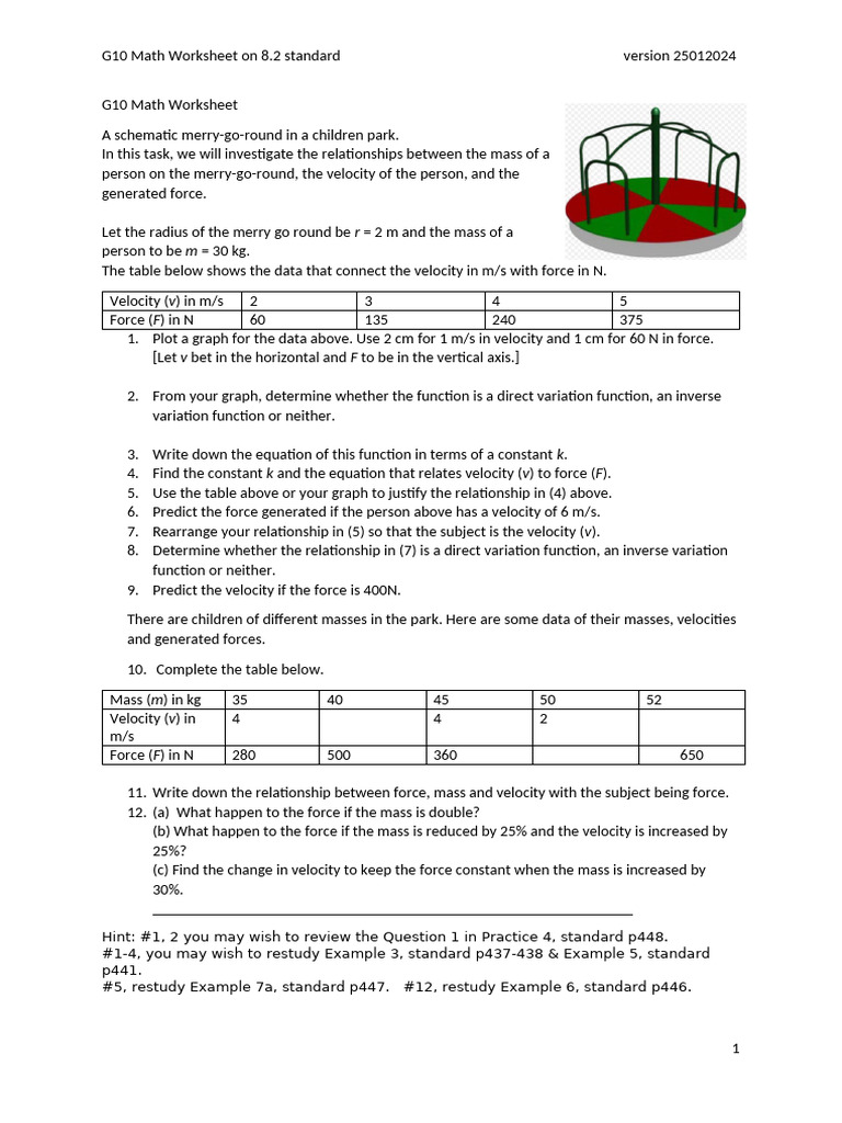 G10 Math Worksheet Unit8.2std q | PDF | Force | Velocity
