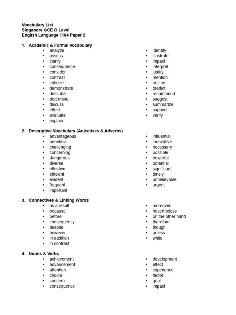 Vocabulary List English Language 1184 Paper 2 | PDF | English Language ...