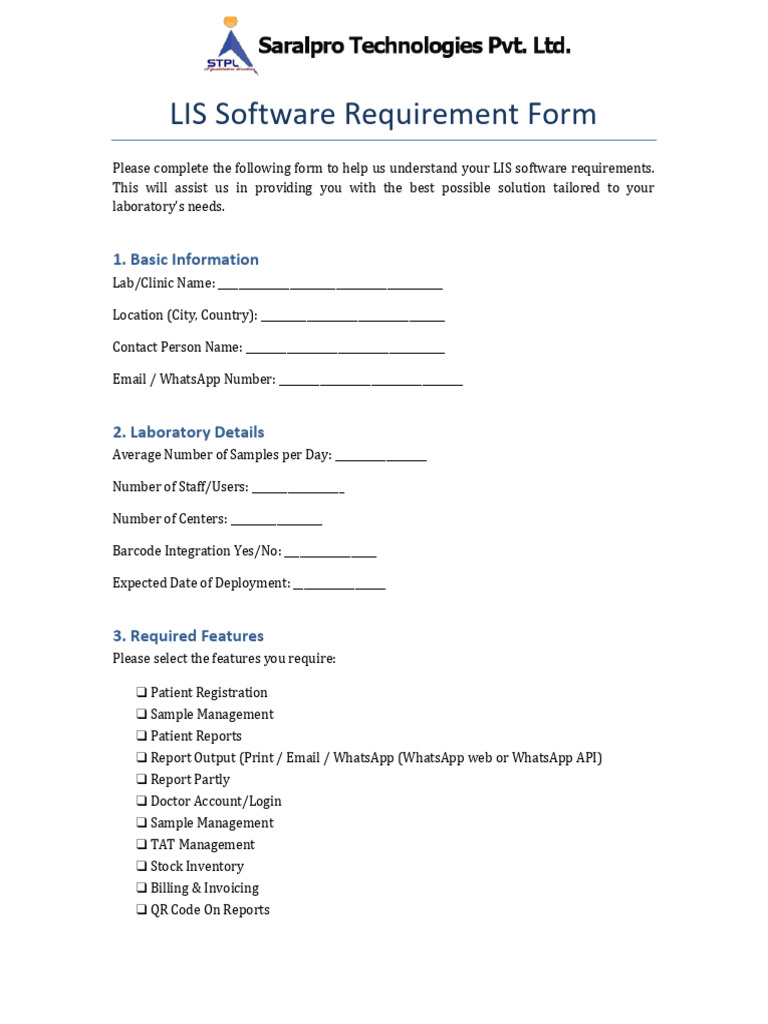 Professional LIS Software Requirement Form | PDF