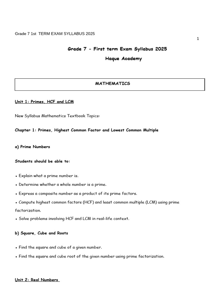 Grade 7 First Term Exam Syllabus 2025 | PDF | Algebra | Numbers