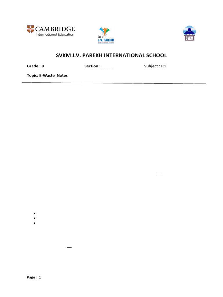 Grade 8 ICT Ewaste Notes | PDF | Electronic Waste | Waste