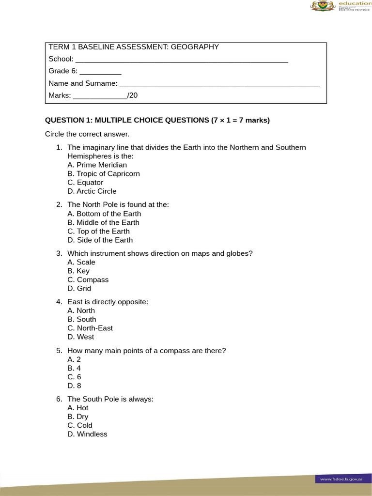 GR 6 Geo Term 1 Baseline Assessment Geography 2026 | PDF | Geography ...
