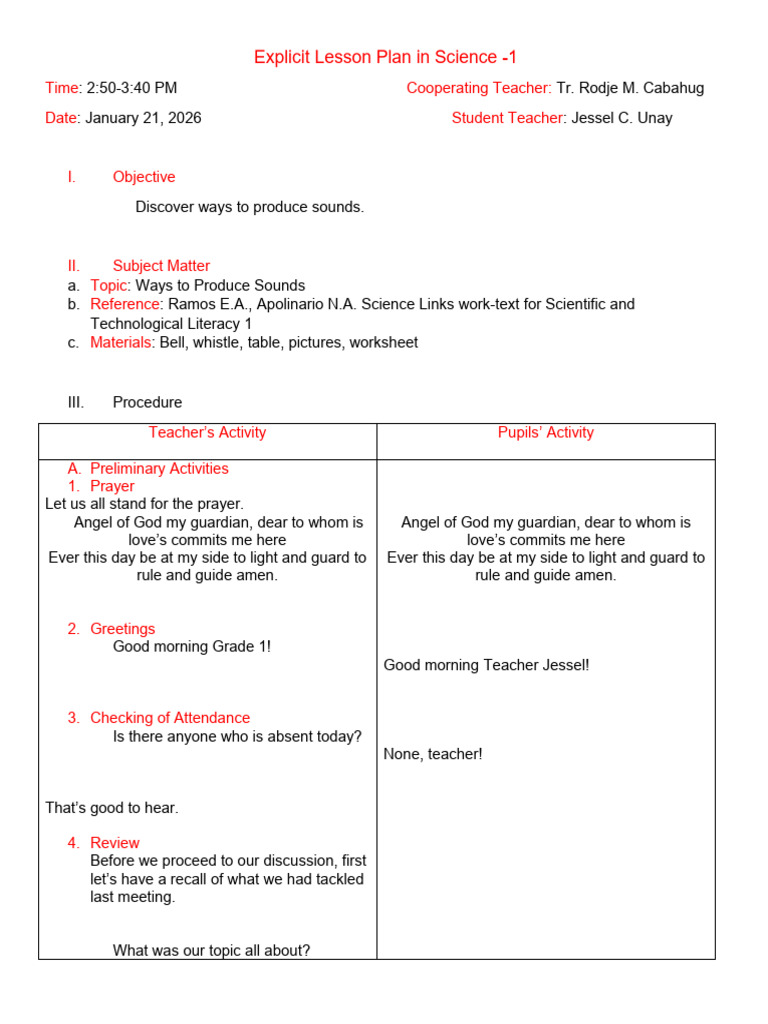 Explicit Lesson Plan in Science 1 | PDF | Sound