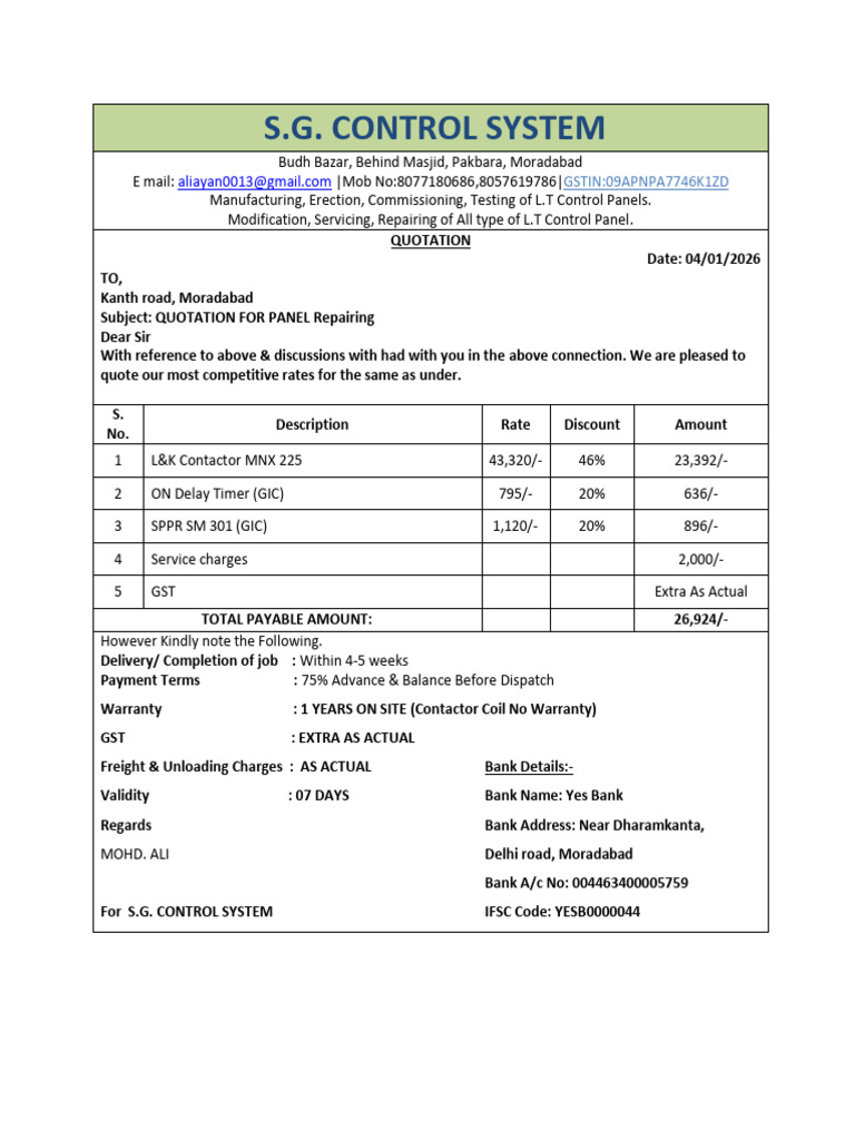Quotation For Panel Repairing | PDF