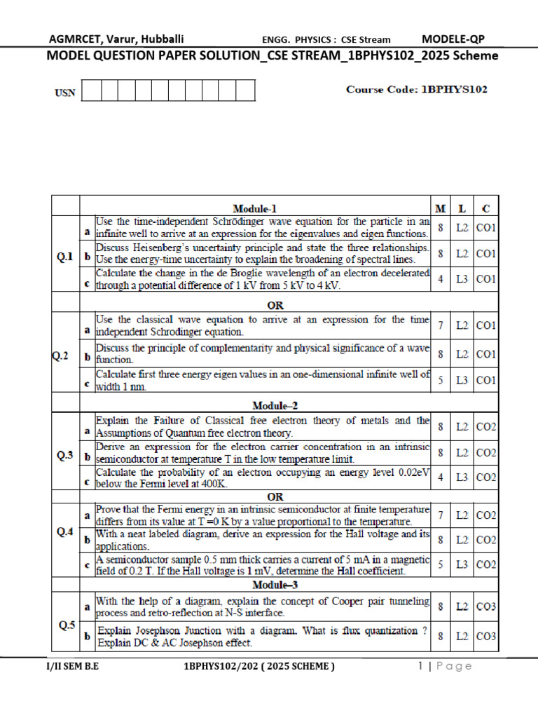 1BPHYS102 Model QP Solutions - CSE Stream | PDF | Waves | Schrödinger ...