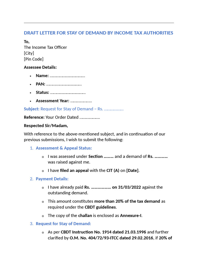 Draft Letter For Stay of Demand by Income Tax Authorities | PDF | Taxes ...