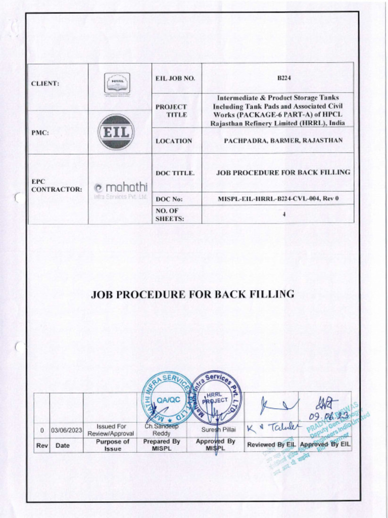 Job Procedure For Back Filling | PDF