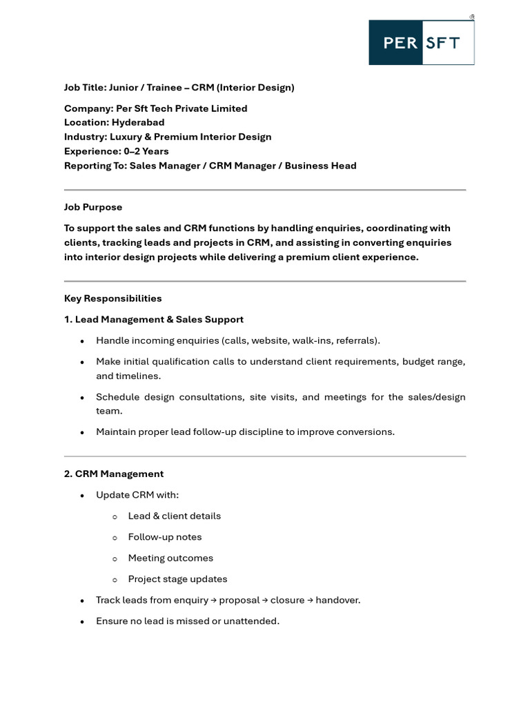 JD - Junior - Trainee - CRM (Interior Design) | PDF | Customer ...
