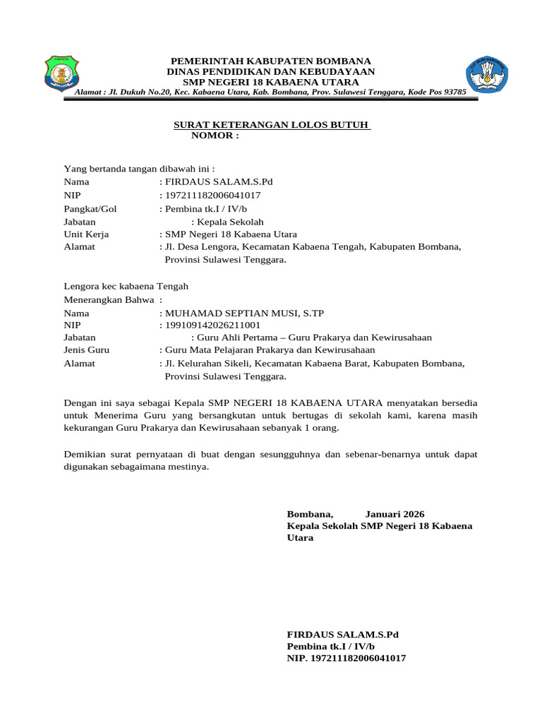 Surat Keterangan Lolos Butuh Dan Pelepasan Muhamad Septian Musi | PDF