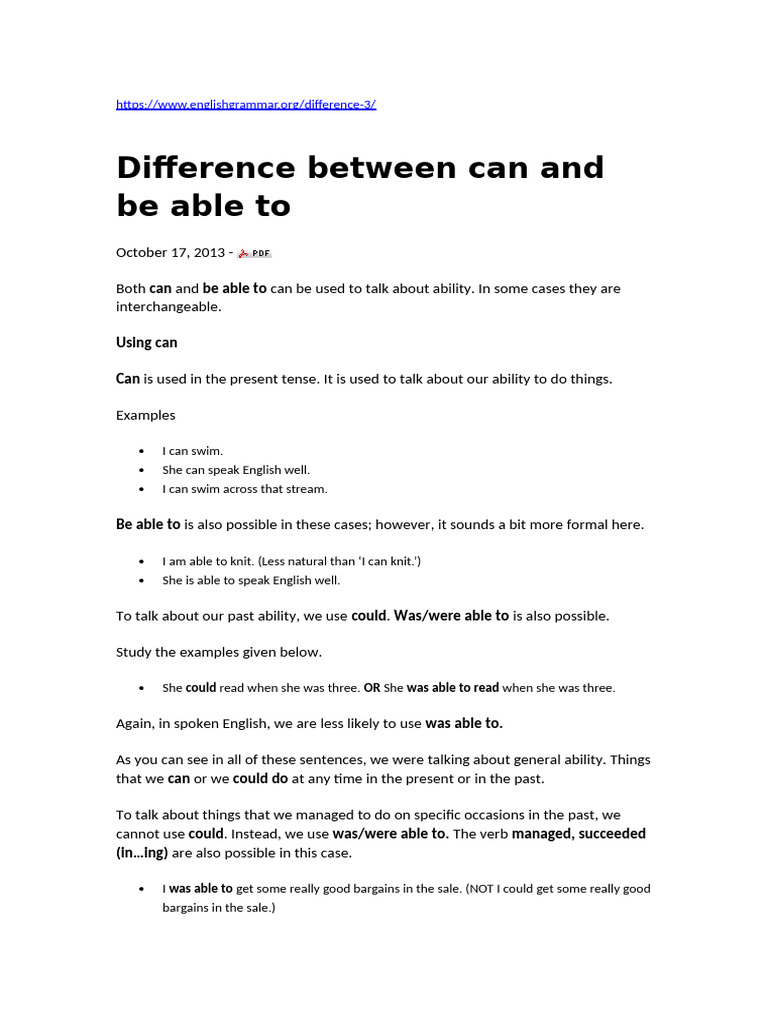 Difference Between Can and Be Able To | PDF | Syntax | Grammar