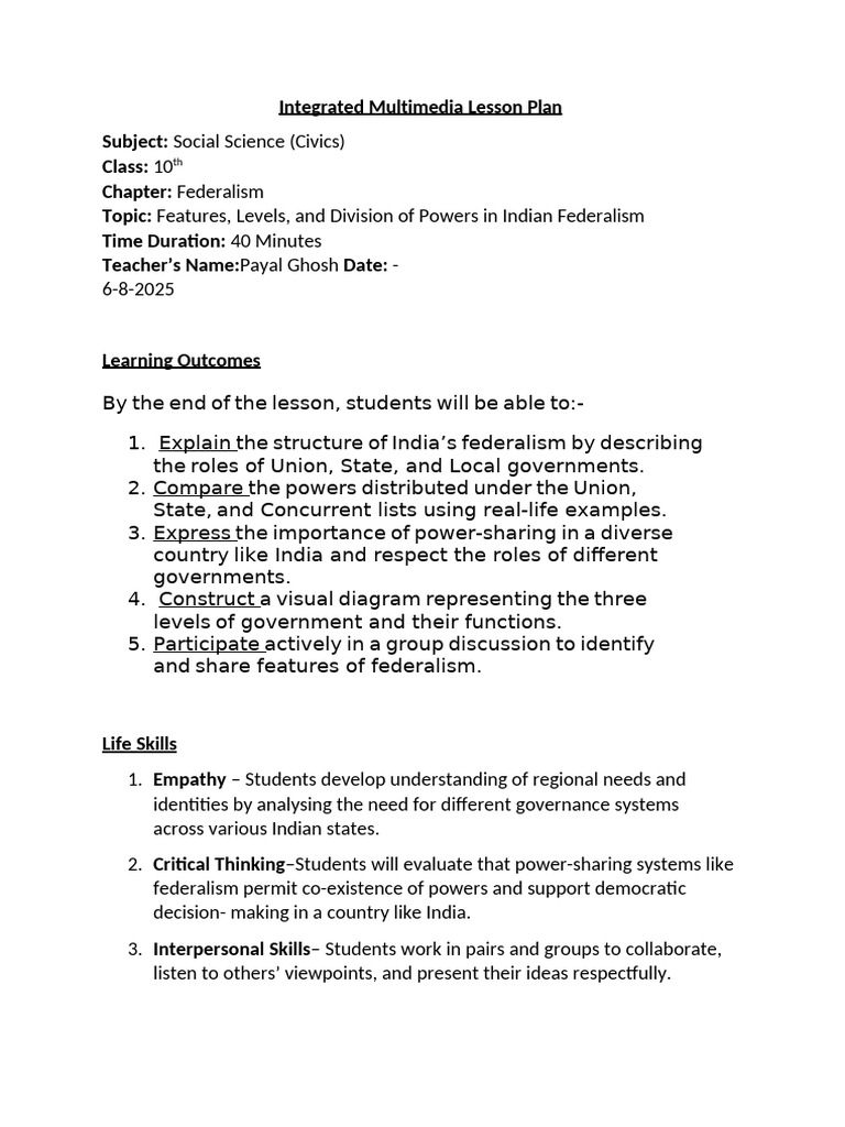 Social Science Multimedia Lesson Plan Mandeep | PDF | Federalism ...