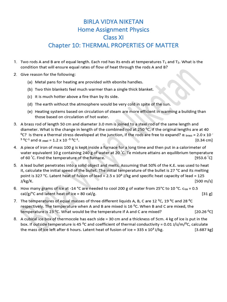 Ch10 Physics Home Assignment Thermal Properties of Matter | PDF ...
