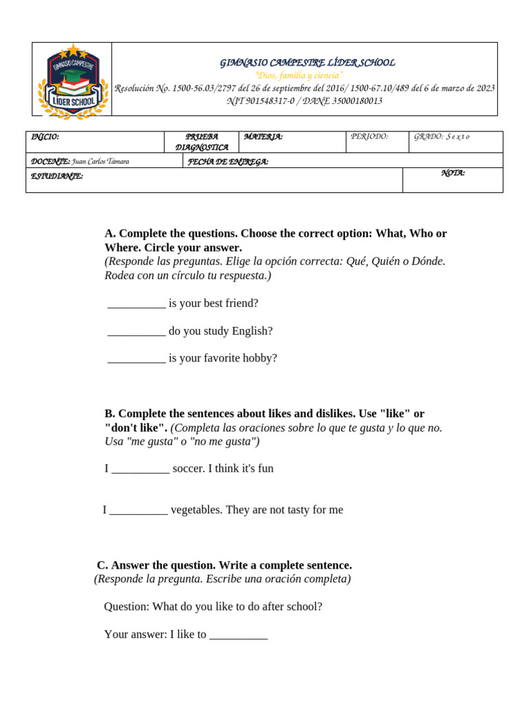 6th Grade Prueba Diagnostica | PDF