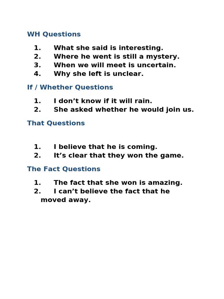 Noun Clause Sentences | PDF | Question | Clause