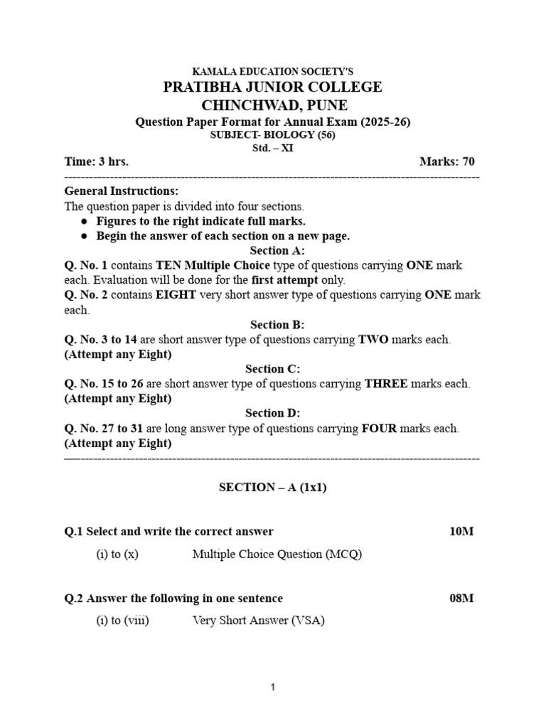 XI TH Question Paper Format For Annual Exam 2025-26 | PDF | Tests ...