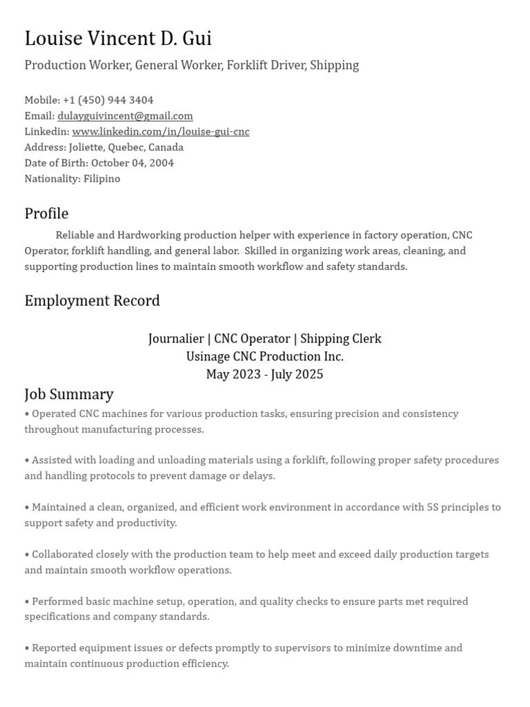 Resume and Lmia | PDF | Forklift | Business