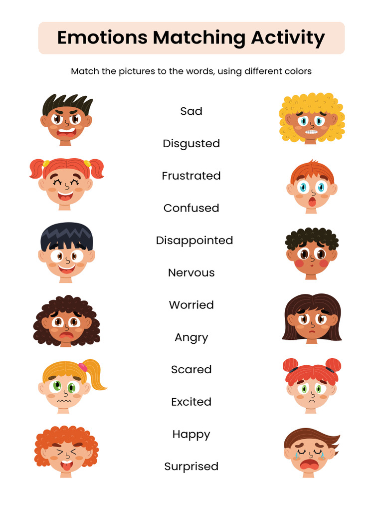 Emotions Matching Activity Worksheet in Colorful Simple Style | PDF