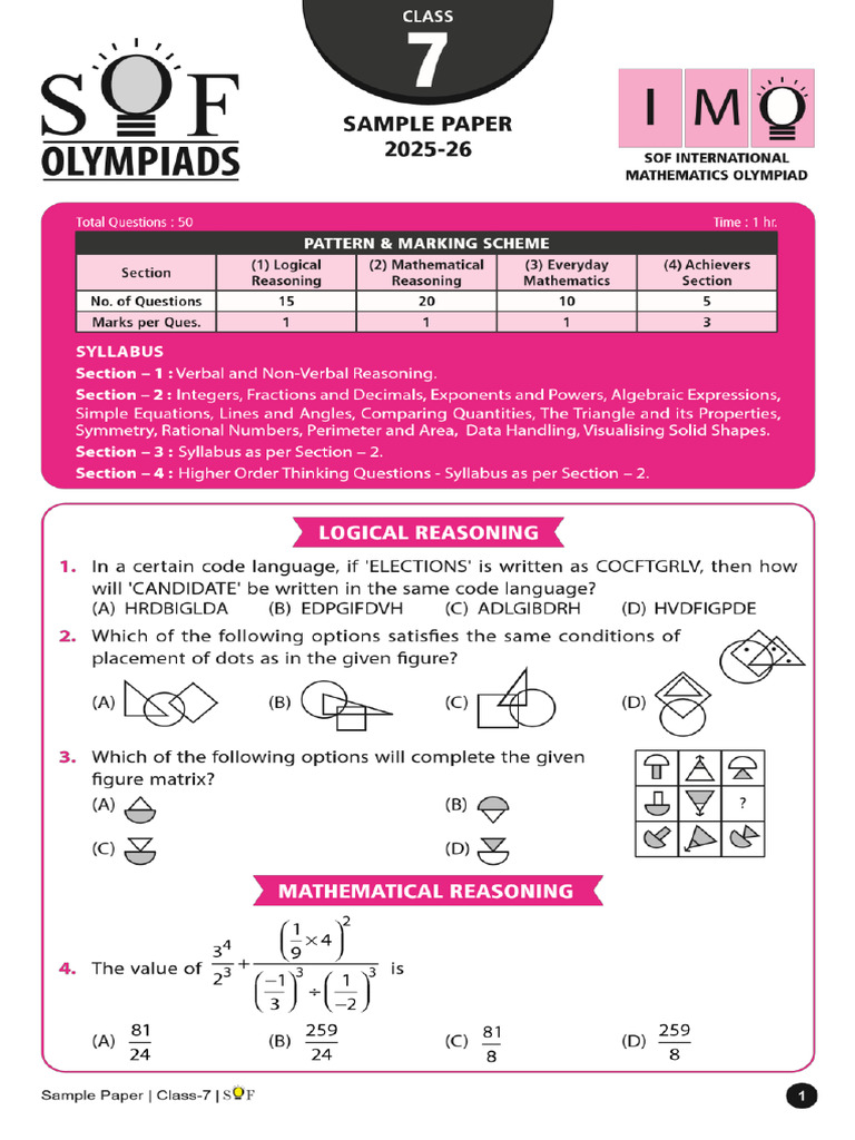 Imo Sample Paper Class-7 2025-26 | PDF
