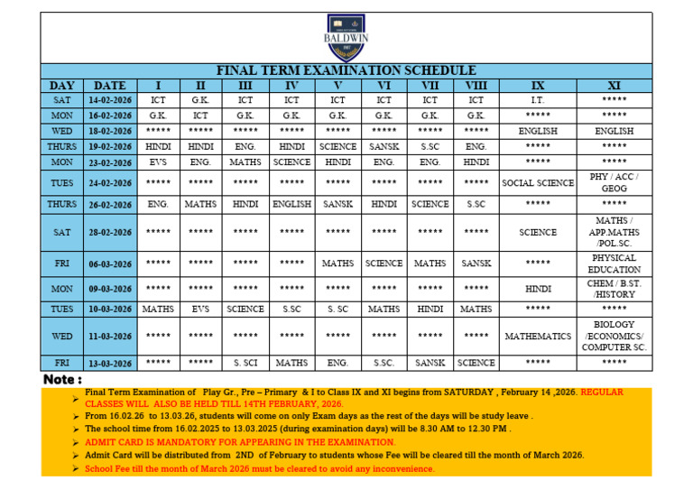BALDWINFINAL TERM EXAMINATION SCHEDULE 2025 26 (Classes 1 To 9 11) | PDF
