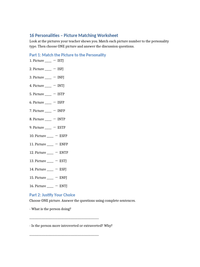 16 Personalities Matching Worksheet | PDF