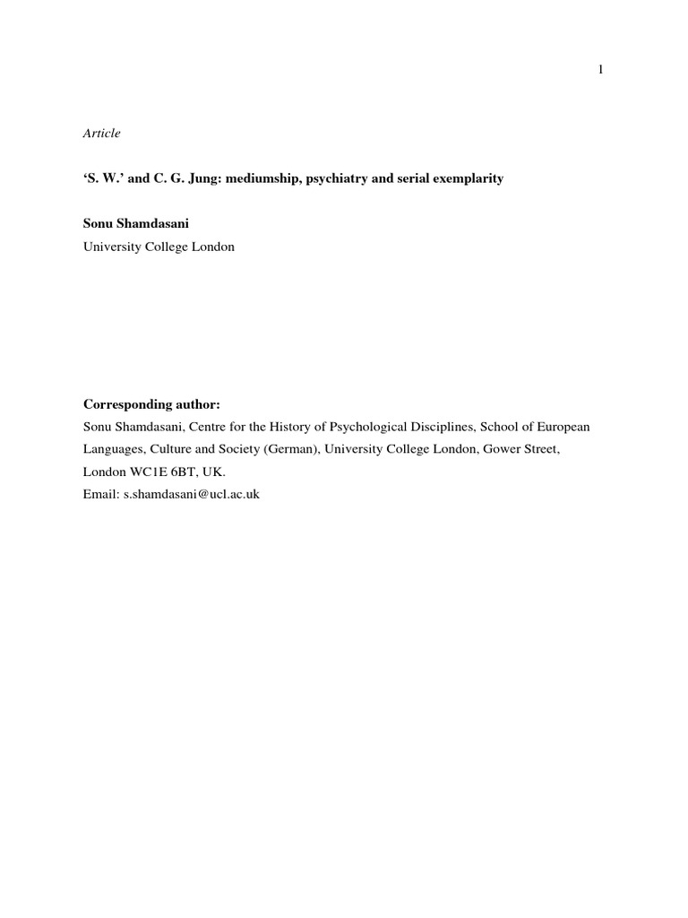 Article: S. W.' and C. G. Jung: Mediumship, Psychiatry and Serial ...