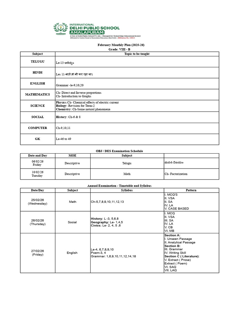 February Monthly Plan - 2025-26 - VIII-B | PDF