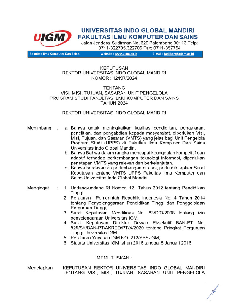 Revisi SK Rektor TTG VMTS UPPS Fakultas Ilmu Komputer | PDF