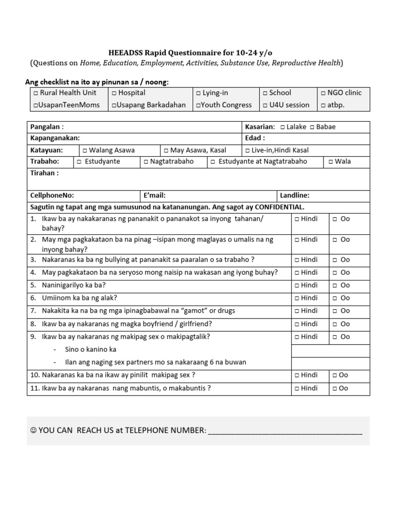 HEEADSS Rapid Questionnaire | PDF