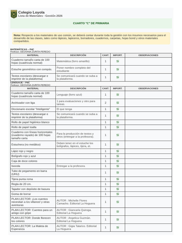 Materiales Cuarto C de Primaria | PDF | Cuaderno | Lápiz
