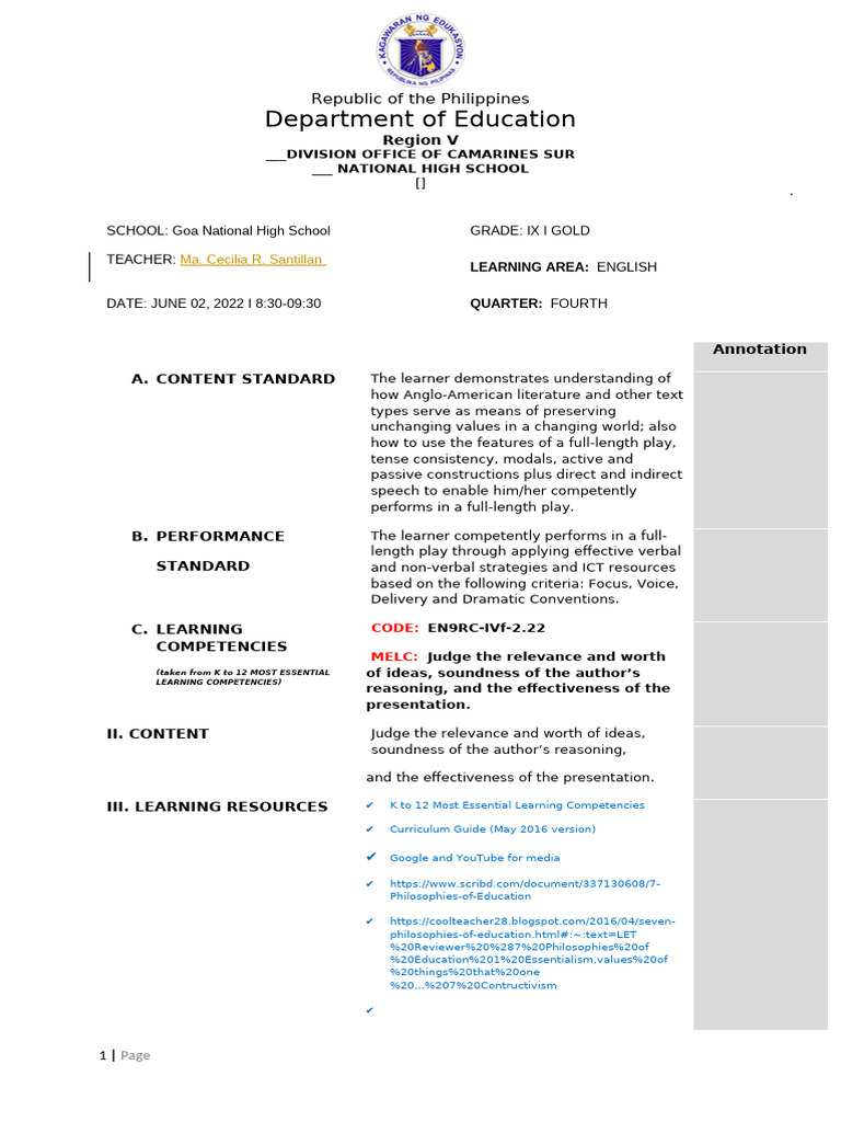 Annotated Lesson Plan - Objective 2 Principles of Teaching Sample | PDF ...