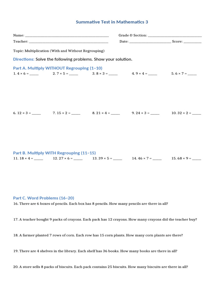 Math 3 Summative Test Multiplication | PDF