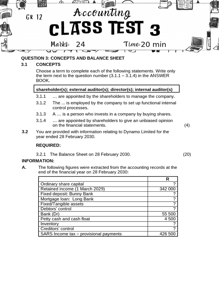 Class Test 3_balance Sheet_qp | PDF