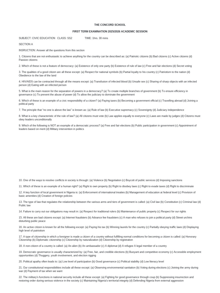 Civic Education Ss 1 Questions | PDF | Citizenship | Democracy